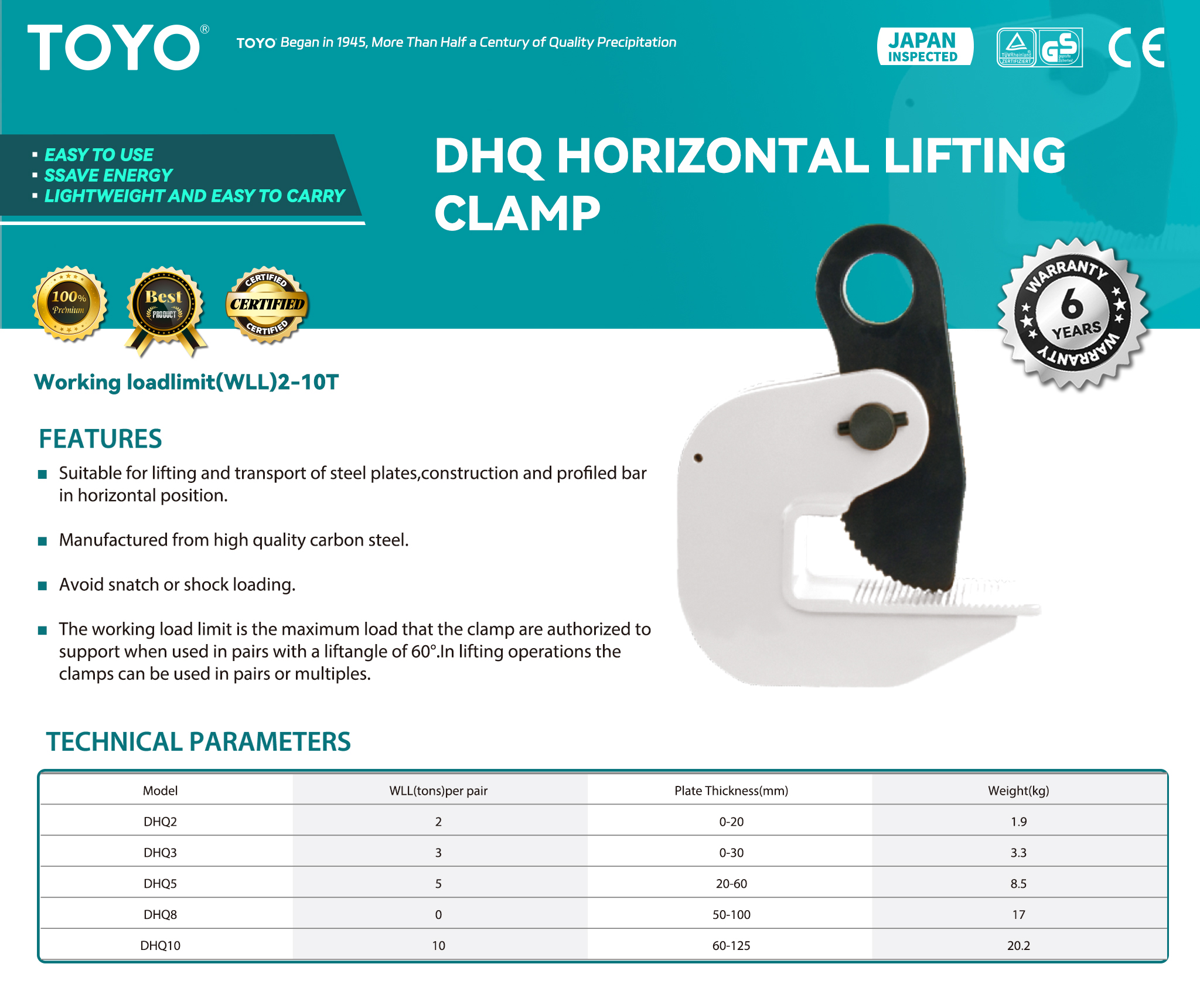 ABRAZADERA DE ELEVACIÓN HORIZONTAL DHQ - TOYO Heavy Industries