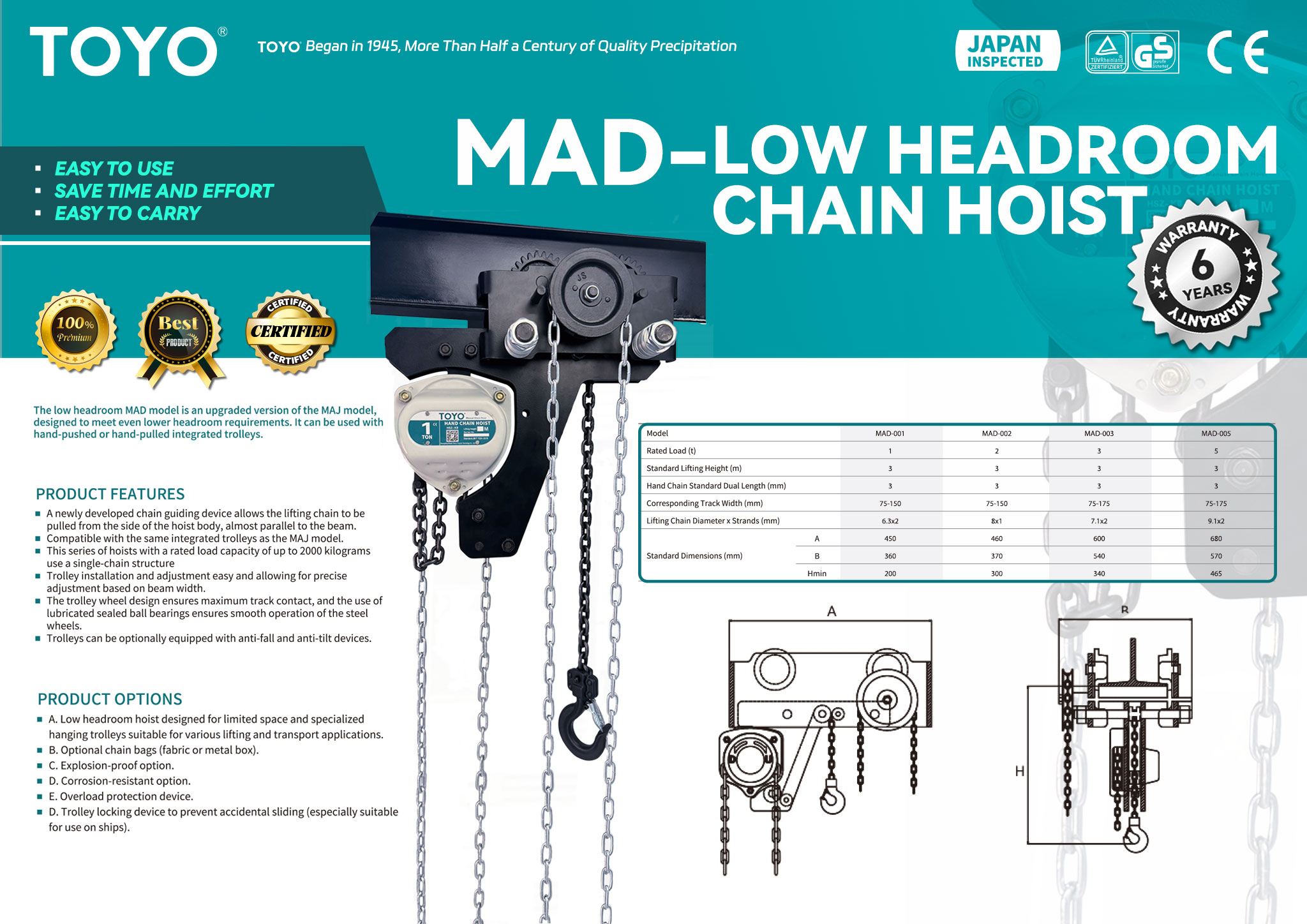 MAD Low Headroom Manual Chain Hoist - TOYO Heavy Industries